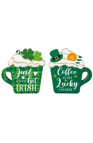 GLITZHOME Set Of 2 Wooden St. Patrick's Coffee Cup Table Decor - Green