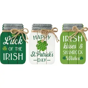 GLITZHOME Set Of 3 St. Patrick's Wooden Mason Jar Table Decor - Green