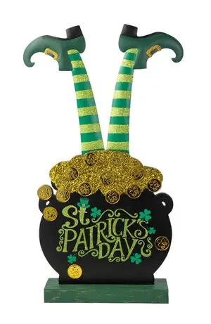 GLITZHOME Wooden St. Patrick's Leprechaun Pot Of Gold Porch Decor - Green