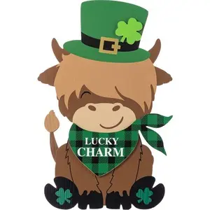 GLITZHOME St. Patrick's Wooden Highland Cow Porch Decor - Green
