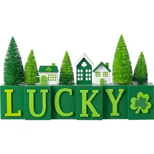 GLITZHOME St. Patrick's Wooden House Brush Trees Lucky Table Decor - Green
