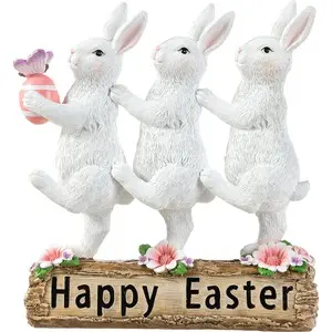 GLITZHOME 9.25"h Easter Resin Triple Bunny Table Decor - White