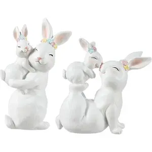 GLITZHOME Set Of 2 Easter Resin Bunny Mom And Baby Table Decor - White