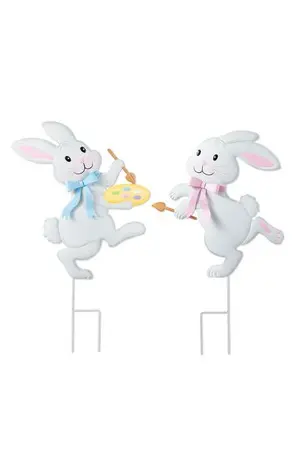 GLITZHOME Set Of 2 Easter Metal Bunny & Egg Yard Stake - White