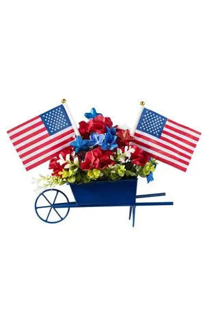 GLITZHOME Patriotic Americana Hydrangea Metal Wagon Centerpiece - Blue