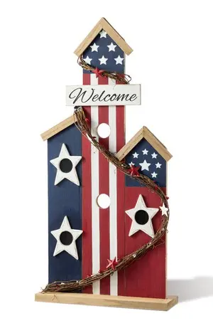 GLITZHOME 30"h Patriotic Americana Wooden Birdhouse Porch Decor - Blue
