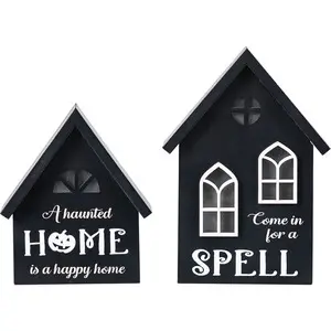 GLITZHOME Set Of 2 Lighted Halloween Wooden House-shaped Table Decor - Black