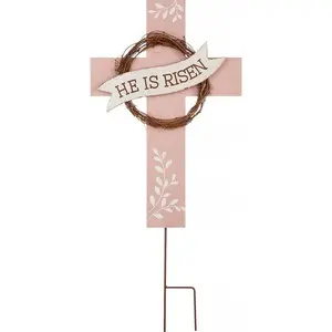 GLITZHOME 32"h Easter Wooden Metal Cross Yard Stake Or Wall Decor - Brown