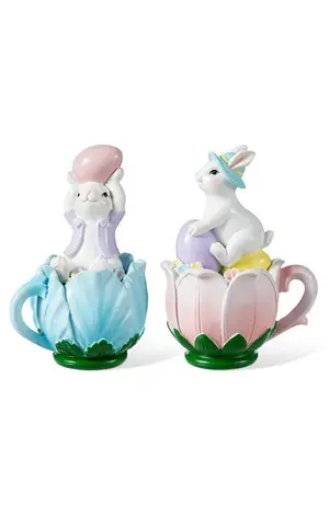 GLITZHOME Set Of 2 Easter Resin Bunny On Tulip Mug Table Decor - White