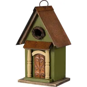 GLITZHOME Rustic Garden Distressed Solid Wood Decorative Bird House - Open Green