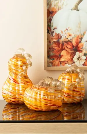GLITZHOME Fall Multi Stripes Glass Gourd Pumpkins - Orange