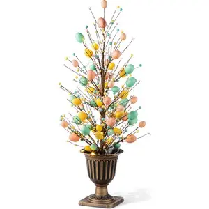 GLITZHOME 3ft Easter Egg & Flower/ Berry Urn Porch Tree With 20 Warm White Lights & Timer - Blue