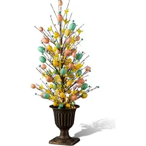 GLITZHOME 3ft Easter Egg & Flower/ Berry Urn Porch Tree With 20 Warm White Lights & Timer - Yellow