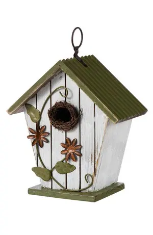GLITZHOME Distressed Solid Wood Decorative Outdoor Garden Birdhouse With 3d Flower Or Maple - Green