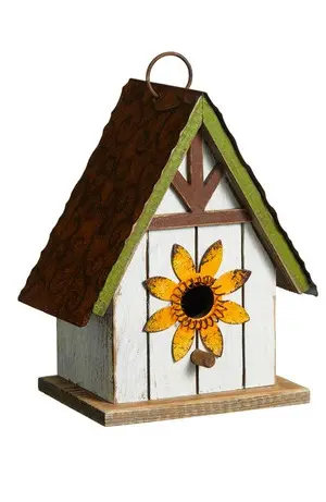GLITZHOME Distressed Solid Wood Decorative Outdoor Garden Birdhouse With 3d Flower Or Maple - Yellow