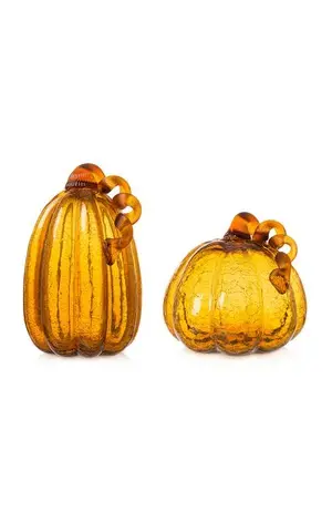 GLITZHOME Set Of 2 Glass Short Pumpkins - Amber