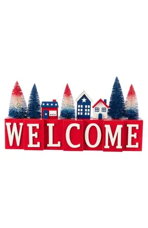 GLITZHOME Patriotic Americana Wooden House Brush Trees Table Decor - Blue