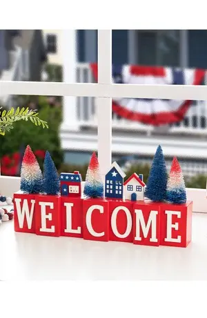 GLITZHOME Patriotic Americana Wooden House Brush Trees Table Decor