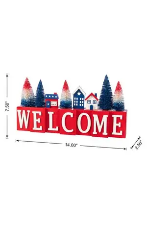 GLITZHOME Patriotic Americana Wooden House Brush Trees Table Decor