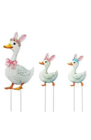 GLITZHOME Set Of 3 Easter Metal Duck Yard Stake - White