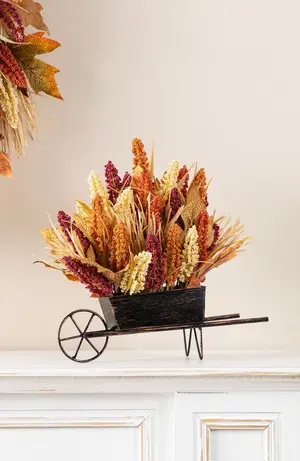 GLITZHOME 15"h Fall Multi-colored Sorghum Cart Centerpiece
