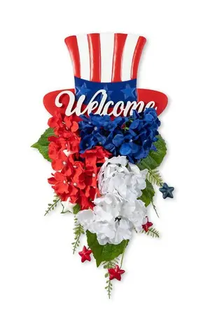 GLITZHOME Patriotic Americana Metal Top Hat & Hydrangea Swag Wall Decor - Blue