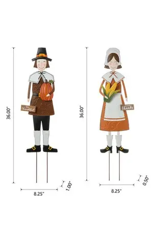 GLITZHOME Set Of 2 Metal Thanksgiving Pilgrim Yard Stakes
