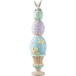 GLITZHOME 30.5"h Easter Resin Stacked Egg & Bunny Porch Decor - White