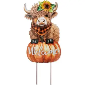 GLITZHOME Fall Metal Highland Cow Yard Stake Wall Decor - Orange