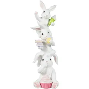 GLITZHOME Easter Resin Stacked Bunny With Macaron Table Decor - White