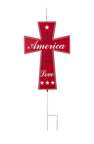 GLITZHOME Patriotic Americana Double Sided Metal Cross Yard Stake Or Wall Decor