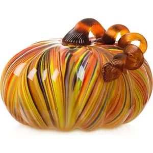 GLITZHOME Multi Stripes Glass Large Glass Pumpkin Fall Harvest - Orange