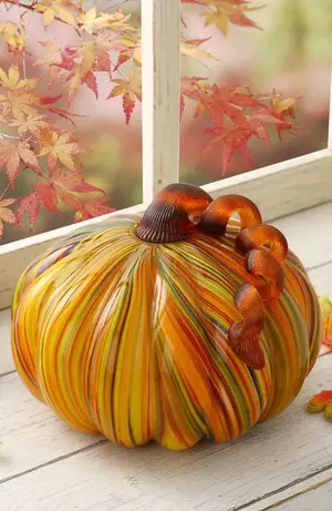 GLITZHOME Multi Stripes Glass Large Glass Pumpkin Fall Harvest