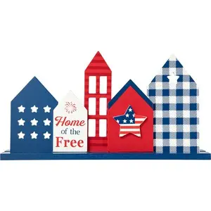 GLITZHOME Wooden Patriotic Americana House Table Decor - Blue