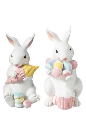 GLITZHOME Set Of 2 Easter Resin Bunny Holding Macaron Table Decor - White