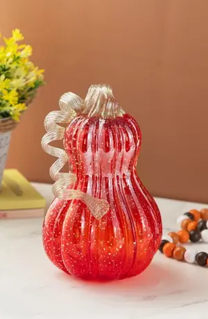 GLITZHOME Fall Glass Gourd Pumpkins With Glitter - Red