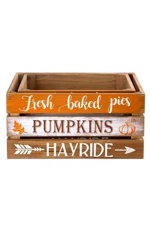 GLITZHOME Set Of 2 Wooden Pumpkin Crates Table Decor
