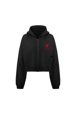 PCFG Cotton Destroyed Zip Up Hoodie - Black