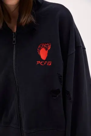PCFG Cotton Destroyed Zip Up Hoodie - Black