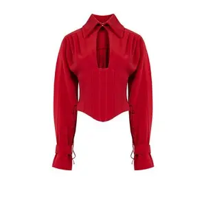 PCFG Wool Blend Corset Blouse With Shirt Style Top - Red