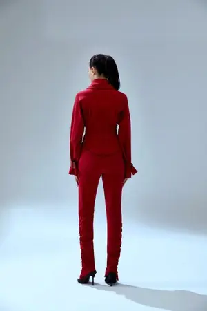 PCFG Wool Blend Corset Blouse With Shirt Style Top - Red