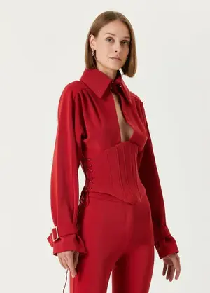 PCFG Wool Blend Corset Blouse With Shirt Style Top - Red