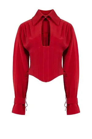 PCFG Wool Blend Corset Blouse With Shirt Style Top - Red
