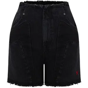 PCFG High Waist Denim Shorts With Frayed Hem - Black