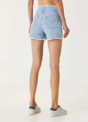 PCFG High Waist Denim Shorts With Frayed Hem - Blue