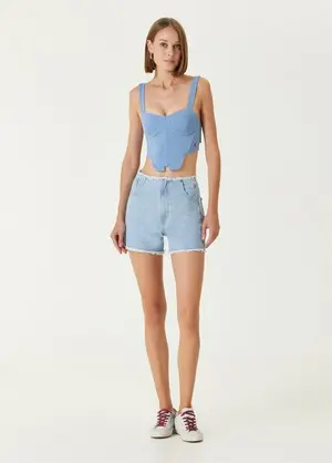 PCFG High Waist Denim Shorts With Frayed Hem - Blue