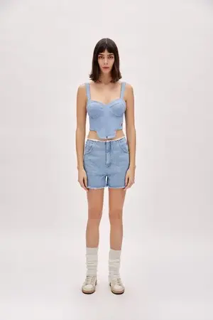 PCFG High Waist Denim Shorts With Frayed Hem - Blue