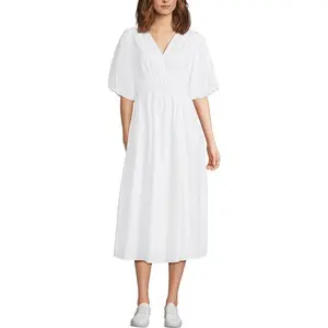 LANDS' END Puff Sleeve Smocked Waist V-neck Dress - White