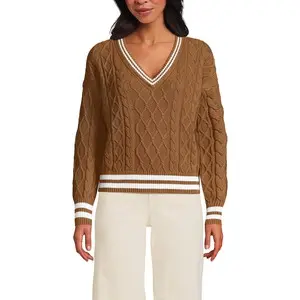 LANDS' END Drifter Cable V-neck Sweater - Canyon Camel/ivory Tipping