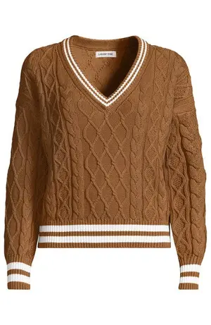 LANDS' END Drifter Cable V-neck Sweater - Canyon Camel/ivory Tipping